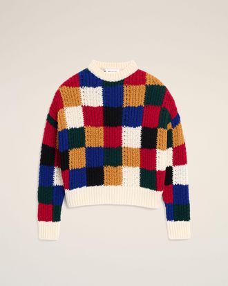 Ami Ami Paris - Pull en laine col rond &agrave; carreaux multicolores Cendre Clair - Taille : XL - pour Homme