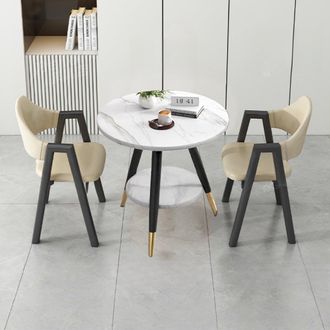 Generic Runder Empfangstisch Und 2 St&uuml;hle Im Set - Moderne Holzmaserung Mit PU-Ledersitzen for B&uuml;ro Oder Lounge(Khaki Chairs+Faux Marble Table)