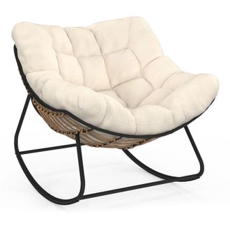 IDMarket Fauteuil de jardin &agrave; bascule LOA effet rotin avec coussin &eacute;cru