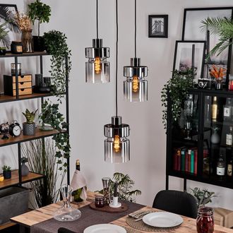 HOFSTEIN Hängeleuchte Hasvik, 3-flammige Hängelampe aus Metall/Glas in Schwarz/Chrom-/Rauchfarben/Klar, Vintage-Design (Ø 15cm), E27, Pendelleuchte verstellbar