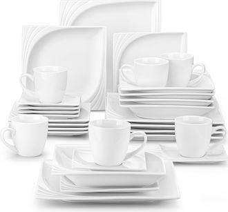 Malacasa Serie Monica, Geschirrset f&uuml;r 6 Personen Kombiservice Porzellan Tafelservice 30-tlg mit je 6 Kaffeetassen, 6 Unterteller, 6 Dessertteller, 6 Tieftelle