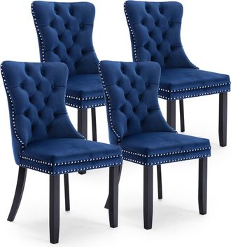 Generic Esszimmerstuhl-Set Aus Leder - Stühle Mit Hoher Rückenlehne, Knopfheftung Und Beinen Aus Massivholz(Wood-Blue-1,4)