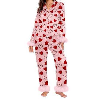 Generic Ensemble de pyjama en satin pour femme - V&ecirc;tement de nuit imprim&eacute; coeur - Haut et pantalon boutonn&eacute;s - Tenue 2 pi&egrave;ces - Pyjama en soie doux et confort