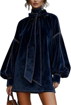 Generic Robe nuisette en velours pour femme - Manches longues - Col montant - Noeud - Style vintage - Pour invit&eacute;es de mariage, bleu marine, 3XL