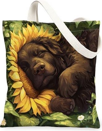 Generic Spring NewFoundland Sac fourre-tout en toile r&eacute;utilisable pour faire du shopping 33 x 38,1 cm, motif imprim&eacute; de feuilles de tournesol, chiot, sac d&eacute;pi