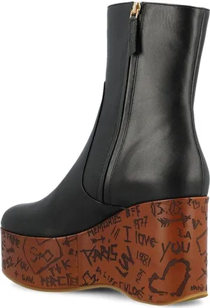 Chlo&eacute; Graffiti-Print Calf Leather Ankle Boot - Black