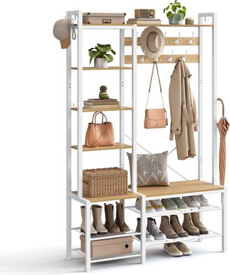 Vasagle Garderobenständer mit Schuhbank, Garderobe, 5 Regalebenen aus Spanplatten, 9 Dreifach-Haken, 6 seitliche Haken, 40 x 120 x 190 cm, goldeichenfarben-wo