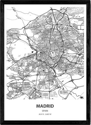 Nacnic Plakat mit Karte von Madrid - Spanien. Bl&auml;tter St&auml;dte in Spanien mit Meeren und Fl&uuml;ssen in schwarzer Farbe. A4-Format