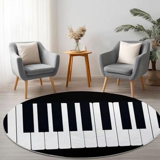 Generic Noir Cr&egrave;me Tapis Rond Minimalist - 150 cm Lavable Doux et antid&eacute;rapant Tapis, Musique Touches De Piano Impression pour Chambre &agrave; Coucher Salon Vestibu