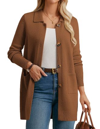 Grace Karin Damen Revers Kragen Strickjacke Langarm Knöpfe Mittellang Festlich Cardigan mit Taschen CL172-04/Braun XL