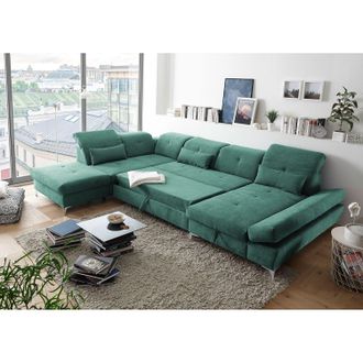 Fredriks home24 Wohnlandschaft Easton Türkis/Türkis Microfaser Ranu 350 x 73 x 245cm Longchair davorstehend rechts / Ottomane links Modern