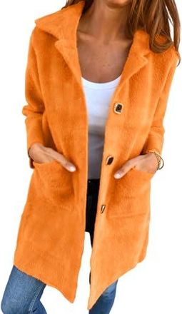 Generic Long Coats for Women Trendy Notch Lapel Double Breasted Wool Blend Mid Long Pea Trench Coat Winter Outwear Orange XX Large