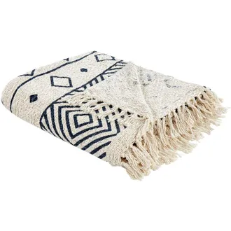Beliani Kuscheldecke Beige u. Blau Baumwolle 200 x 220 cm Modern mit Fransen Handgewebt Schlafzimmer Wohnzimmer Accessoire Deko &Uuml;berwurf Wohndecke