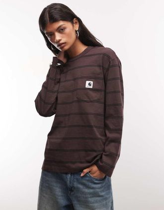 Carhartt Work in Progress Cardona Pocket Langarm-T-Shirt in dunkelbraun gestreift