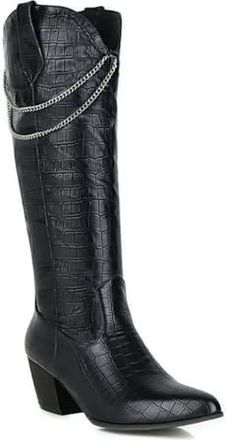 Generic Bottes d&eacute;quitation &agrave; bout pointu et talon &eacute;pais pour femme avec cha&icirc;ne d&eacute;corative, chaussures de cowgirl occidentales &agrave; enfiler, Noir, 39.5 EU