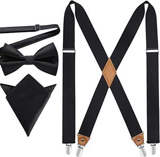 Hisdern Bretelles pour hommes avec de tres fortes 4 clips Heavy Duty X style Suspenders reglable pr&eacute;-nou&eacute;s noeud papillon avec Ensemble de carr&eacute;s de poche