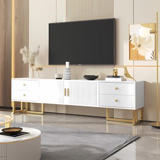 Generic TV Schrank niedriges Paneel mit strukturierter T&uuml;r TV M&ouml;bel mit Schubladen goldenen Griffen und goldenen F&uuml;&szlig;en Medienkonsole mit Staurauml&ouml;sung f&uuml;r Wo