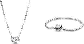 Pandora Moments Funkelnde Unendlichkeits-Herz Collier-Halskette aus Sterling Silber & Moments Schlangen-Gliederarmband mit Herz-Verschluss aus Sterling-Silber