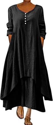 ORANDESIGNE Robe Longue Femme Kaftan en Coton et Lin Robe Ample Col V Boho Plage Eté Robes Décontracté Chic Manches Longues Grande Taille Maxi Robes A-Line 2 in 1