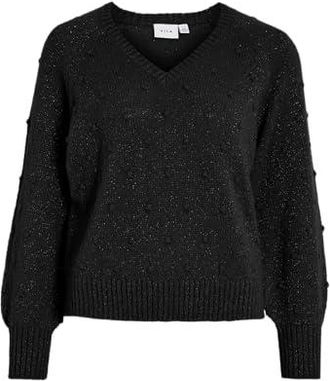 Vila Vila Vituli L/S V-Neck Gliter Knit Top/PB, Black Beauty, XS Femme