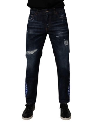 Dolce & Gabbana Mens Dark Blue Cotton Tattered Skinny Denim Jeans Spandex Clothing