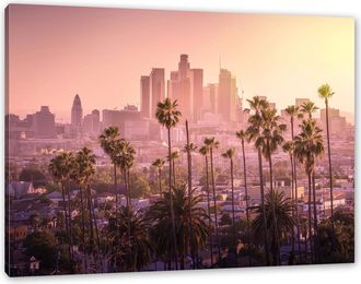 Pixxprint Palmen vor Skyline von Los Angeles, Größe: 120x80cm, Leinwandbild, fertig gespannt, Wandbild, Dekoration, Kunstdruck, kein Poster