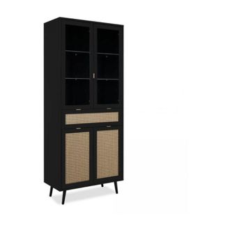 Calicosy Vitrine Vienna52A mit 4 T&uuml;ren und schwarzer Schublade mit Fronten in Korboptik