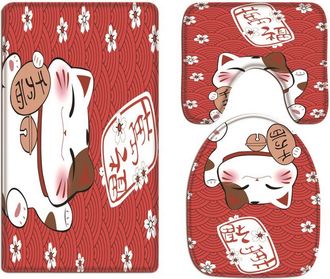 A.Monamour Badezimmer Badematte 3 Teilig Set Japanische Glückliche Katze Ozeanwellen Sakura Blumen Flanell WC Toilette Deckel Deckt Bad Matte Teppich Badteppiche