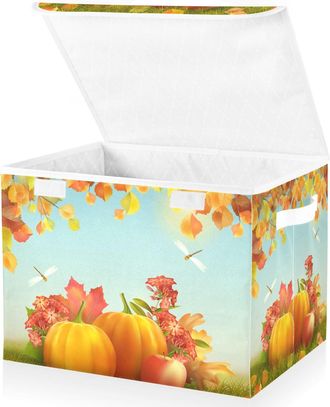 Mnsruu Herbst-Aufbewahrungskörbe, zusammenklappbare Aufbewahrungskörbe mit Deckel, Erntedankfest, Ernte, Kürbisse und Blätter, Aufbewahrungsboxen, Kleiderkör