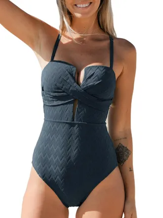 Cupshe Damen Badeanzug Tiefer Ausschnitt Crossover Wickeloptik Geformte Cups Gerippte Textur Einteilige Bademode Swimsuit Dunkelgrau Blau XL