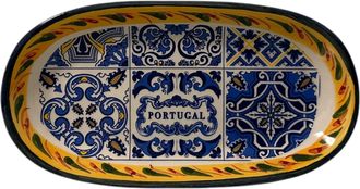 Generic Portugiesisches handbemaltes Keramik-Serviertablett, rund, 17,8 x 9,4 cm, Blau und Gelb