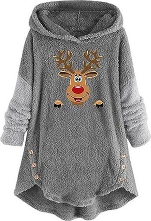 Generic Veste polaire sherpa pour femme - Imprimé de Noël - Manches longues - Pull à capuche ample avec boutons - Vêtement dextérieur pelucheux pour cadeaux d