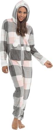 Lora Dora Combinaison Femme Imprim&eacute; Carreaux Tout-en-Un Pyjama Polaire &agrave; Capuche &agrave; Carreaux Luxe Rose Taille Grande EU 44-46