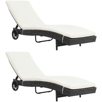 vidaXL Sonnenliegen 2 Stk. mit Rollen und Auflagen Poly Rattan Schwarz Vidaxl