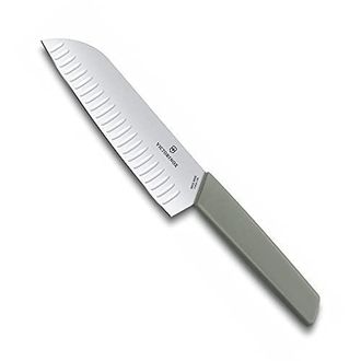 Victorinox by Swiss Army Swiss Modern, Couteau Santoku professionnel, Lame extra-tranchante, lame alvéolée, 17 cm, Manche plastique, Acier inoxydable, vert olive