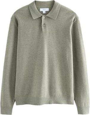 Next Homme Polo Regular Essentiel en Maille &agrave; Manches Longues Vert Sauge L