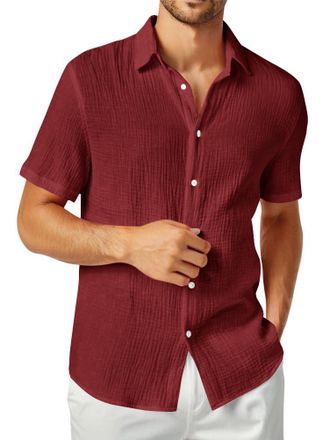 Onsoyours Hemd Herren Kurzarm Button Down Sommerhemd Musselin Leicht Strand Freizeit Businesshemd A Rot XXL
