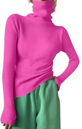Generic Pull en tricot côtelé à col roulé pour femme avec trou pour le pouce et manches longues col montant uni coupe ajustée décontracté en coton thermique à