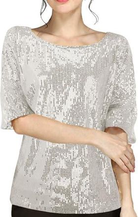 Generic Blouse &agrave; paillettes pour femme - Top &agrave; paillettes - Taille plus - D&eacute;contract&eacute; - Col en V - D&eacute;contract&eacute; - Col en V - Col rond - Tunique - L&eacute;ger - Manch