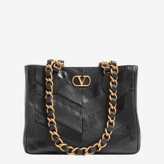 Valentino Garavani Womens Leather Bag With Chevron Pattern Black Shoulder