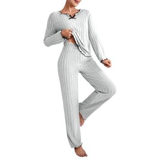 Generic Pyjama 2 pi&egrave;ces en tricot torsad&eacute; pour femme, tendance, &agrave; manches longues, col en V, haut c&ocirc;tel&eacute; avec pantalon ample confortable, confortable et doux,
