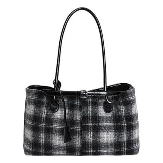 Generic Sac &agrave; main en laine &agrave; carreaux pour femme, couleur maillard, sac &agrave; bandouli&egrave;re, sac &agrave; provisions pour voyage, shopping, utilisation quotidienne, Noir,