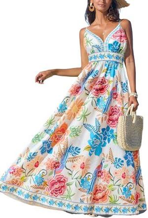 Cupshe Longue robe d&eacute;t&eacute; fluide &agrave; bretelles, sans manches, avec col en V et motif floral pour femme Style d&eacute;contract&eacute; pour plage, vacances, XL