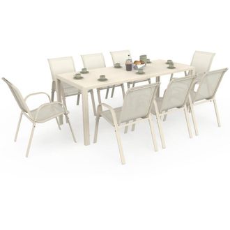 IDMarket Salon de jardin MADRID table 190 cm et 8 chaises empilables beige