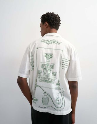Topman Relaxed-Fit-Hemd aus Leinenmix in Ecru mit platzierter All-over-Stickerei-Wei&szlig;