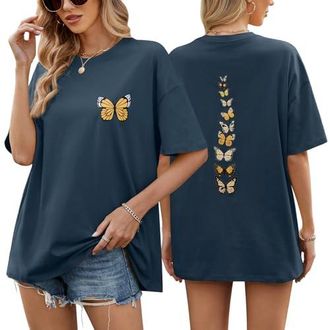 Heekpek TOMEEK T Shirt Femme &Eacute;t&eacute; Chic Coton T-Shirt, Manches Courtes Tee Shirt Col Rond Grande Taille Tshirt Femme Oversize Top Vintage Papillons Imprim&eacute; L&acirc;ch