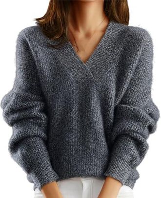 TOMWELL Pull Femme Chic Hiver Élégant Tricoté Col en V Pullover Sweater à Manches Longues Chandails Tricot Haut Casual Couleur Unie en Tricot Pulls A Gris S