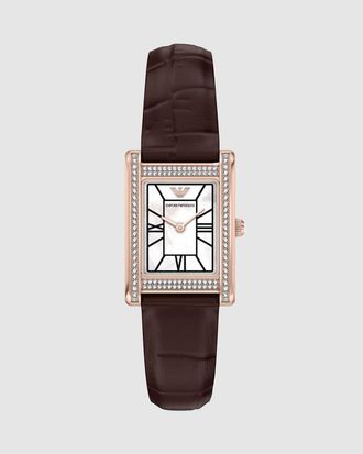 Emporio Armani montre &agrave; deux aiguilles en cuir marron et or rose-Dor&eacute;