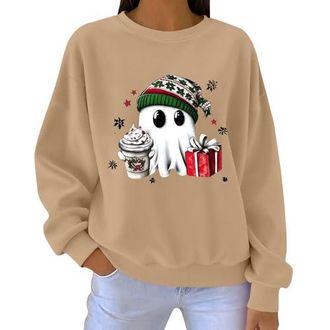 Generic Sweat imprimé de Noël pour femme, pull de Noël fantaisie mignon graphique 2025 col rond surdimensionné à manches longues pour les vacances festives et