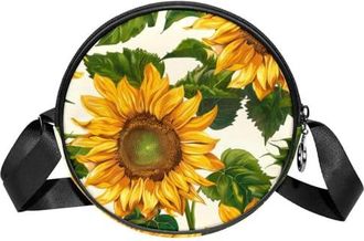 Generic Petit sac &agrave; bandouli&egrave;re rond pour femme, motif tournesol avec fermeture &eacute;clair, bretelles r&eacute;glables, style d&eacute;contract&eacute;, pour femmes et filles